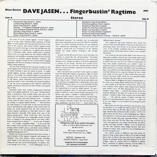 Dave Jasen/デイブ・ジェイセン/Fingerbustin' Ragtime | アナログレコード 販売・通販【TURN ON】