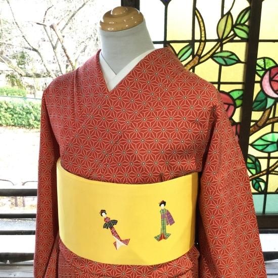 やゝO-376*姉さま人形かわいい塩瀬*名古屋帯リユース - yaya やゝO-376*姉さま人形かわいい塩瀬*名古屋帯リユース - yaya