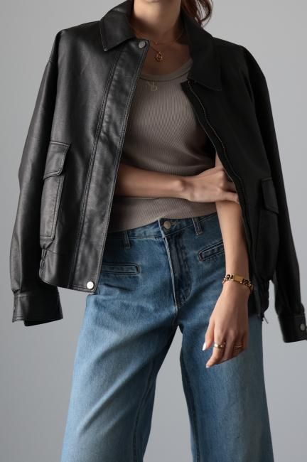 vintage like zip up shrink fake leather jacket / black vintage like zip up shrink fake leather jacket / black