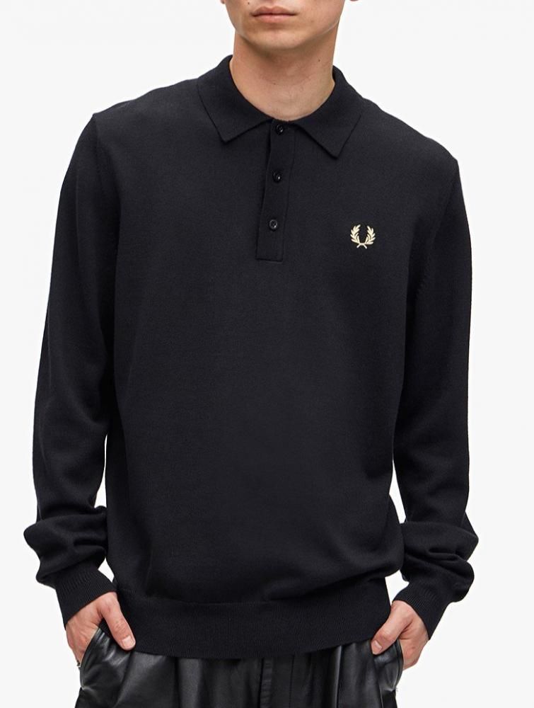 Fred Perry☆Classic Knitted Shirt Long Sleeve Shirt【BLACK Fred Perry☆Classic Knitted Shirt Long Sleeve Shirt【BLACK