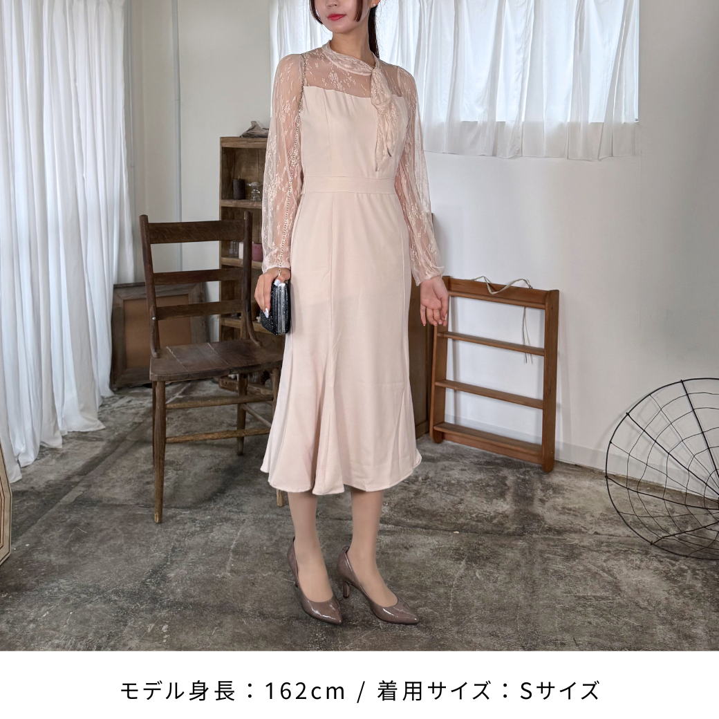 ドレス マーメイド レース リボン 花柄 モックネック 透け感 ドレス マーメイド レース リボン 花柄 モックネック 透け感