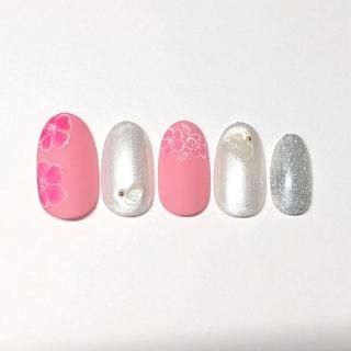 コーラルカラーのふんわり桜ネイル-オーダーネイルチップ専門店 コーラルカラーのふんわり桜ネイル-オーダーネイルチップ専門店