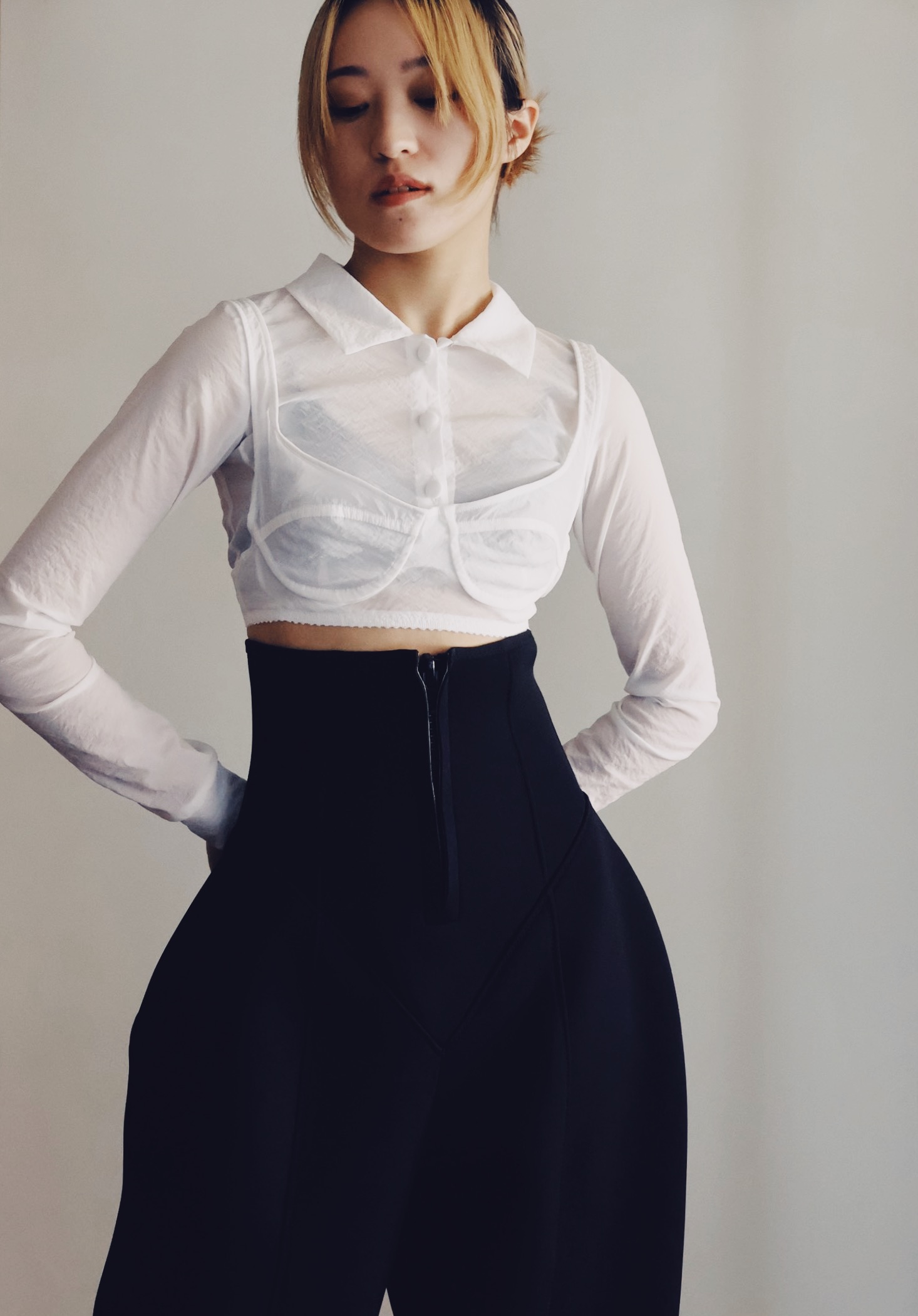 FUMIKA UCHIDA: STRETCH TAFFETA LAYERED BRA TOP SHIRT FUMIKA UCHIDA: STRETCH TAFFETA LAYERED BRA TOP SHIRT