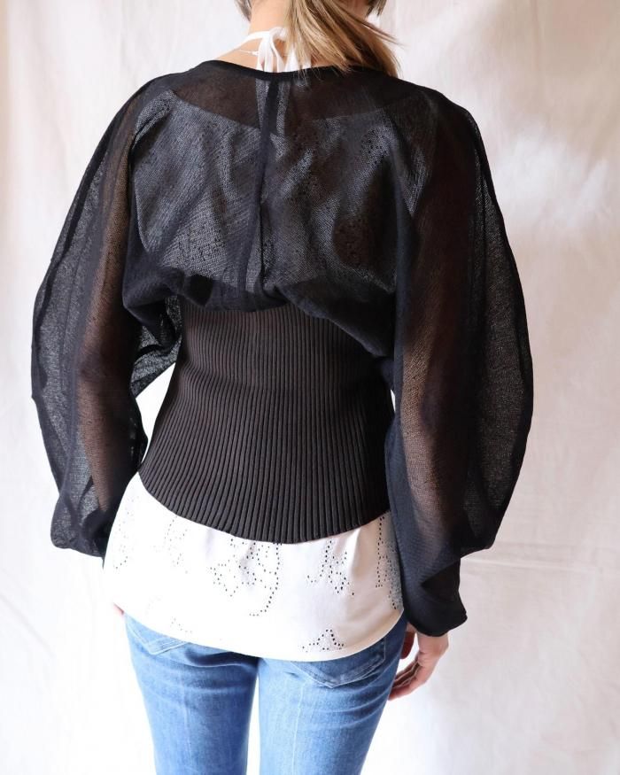 Mame Kurogouchi:Sheer Rounded Sleeve Knitted Cardigan Mame Kurogouchi:Sheer Rounded Sleeve Knitted Cardigan
