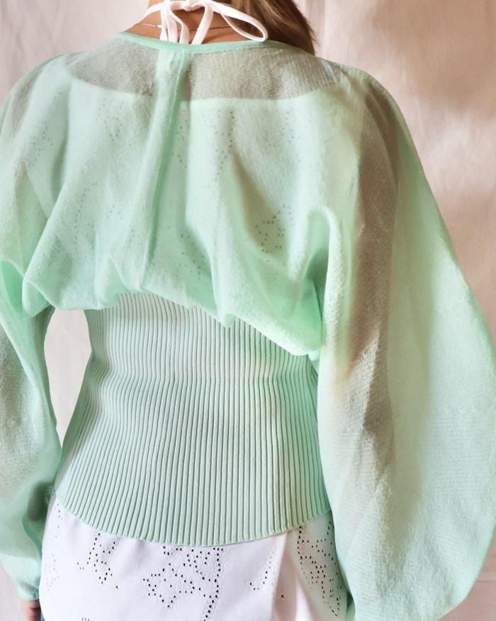 Mame Kurogouchi:Sheer Rounded Sleeve Knitted Cardigan Mame Kurogouchi:Sheer Rounded Sleeve Knitted Cardigan