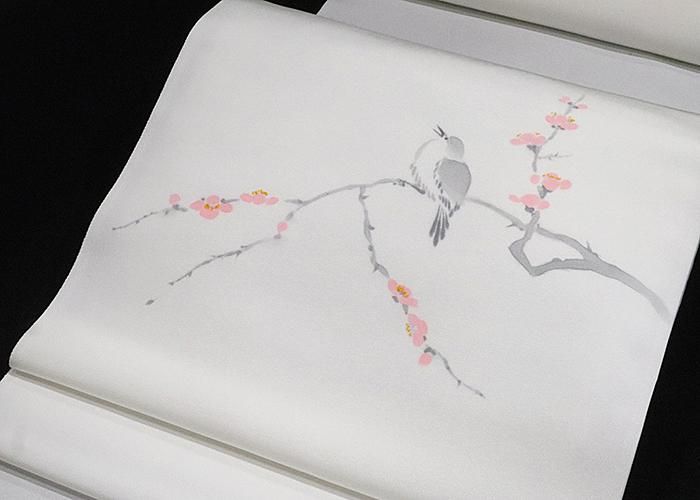 名古屋帯 塩瀬帯 手描き 梅にウグイス 九寸 アセテート お仕立代 名古屋帯 塩瀬帯 手描き 梅にウグイス 九寸 アセテート お仕立代