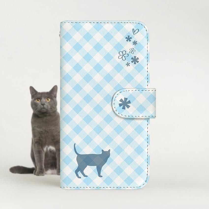 with NYAGO | 猫デザイン 猫柄 au Galaxy ケース 手帳型 / 厚手 NYAGO サマー フラワー ダイアリー キャット シルエット ブルー チェッククロス柄 なんだにゃ ...