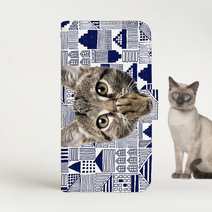 with NYAGO 手帳型 / 厚手 au Galaxy ソラちゃん 肉球をペロペロするにゃー。 カウプンキ デザイン かわいい猫フェイス手帳 ネイビー A 7108 - with ...