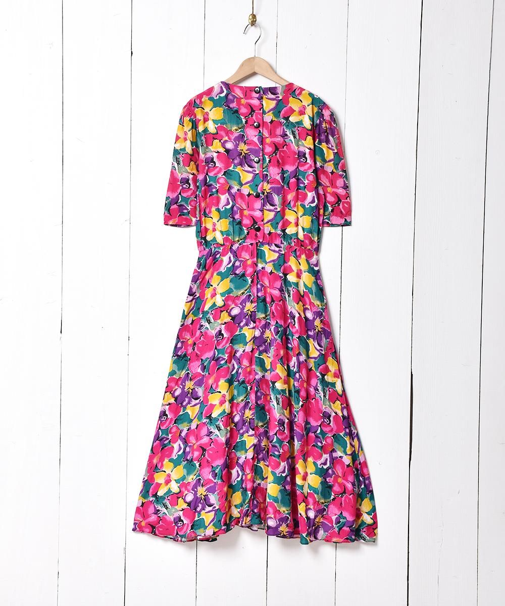 ビビッドカラー 花柄 半袖ワンピース - 古着屋グレープフルーツ ビビッドカラー 花柄 半袖ワンピース - 古着屋グレープフルーツ