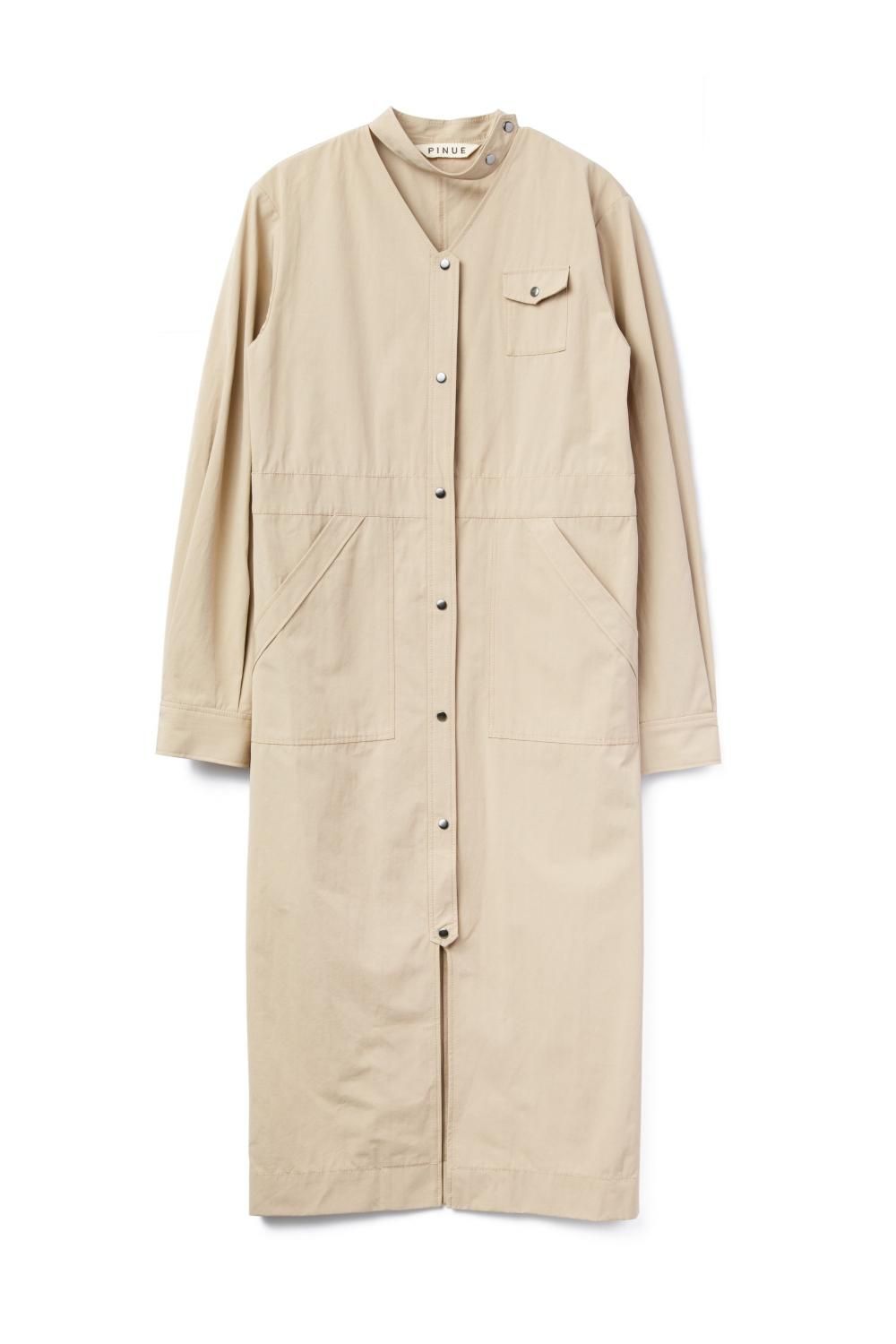 Vネックシャツワンピース(BEIGE) - PINUE Vネックシャツワンピース(BEIGE) - PINUE
