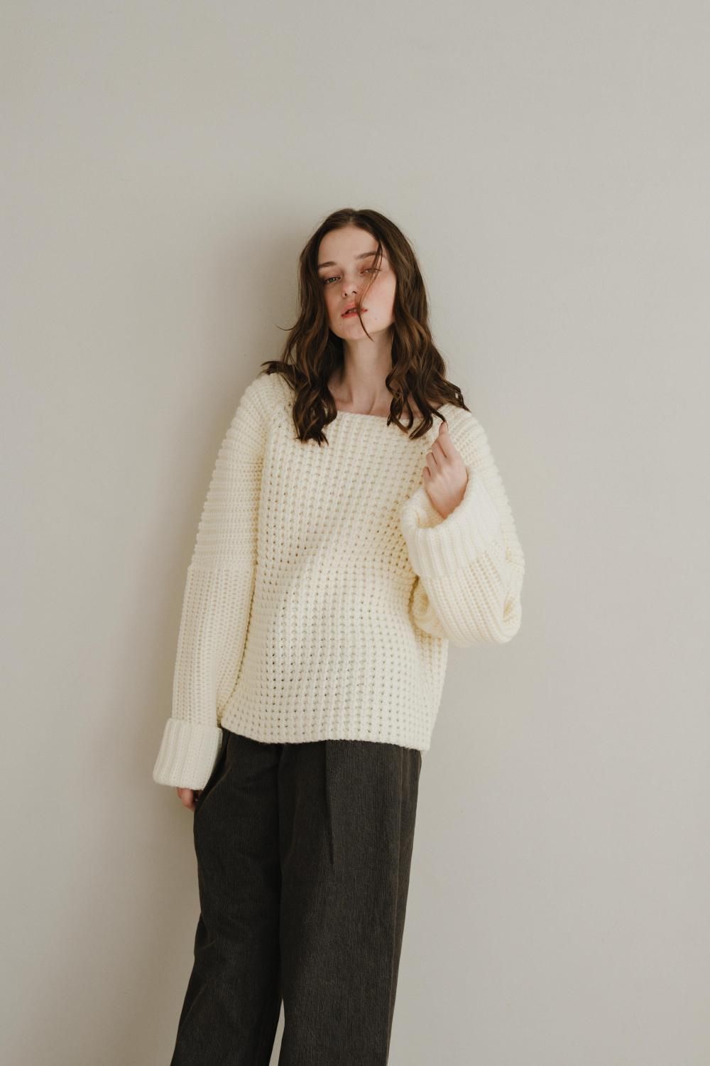 ワッフルニットトップス(WHITE) - PINUE ワッフルニットトップス(WHITE) - PINUE