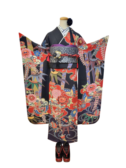 京紅型 振袖 黒 竹 宮崎良次 古典 京紅型 振袖 黒 竹 宮崎良次 古典